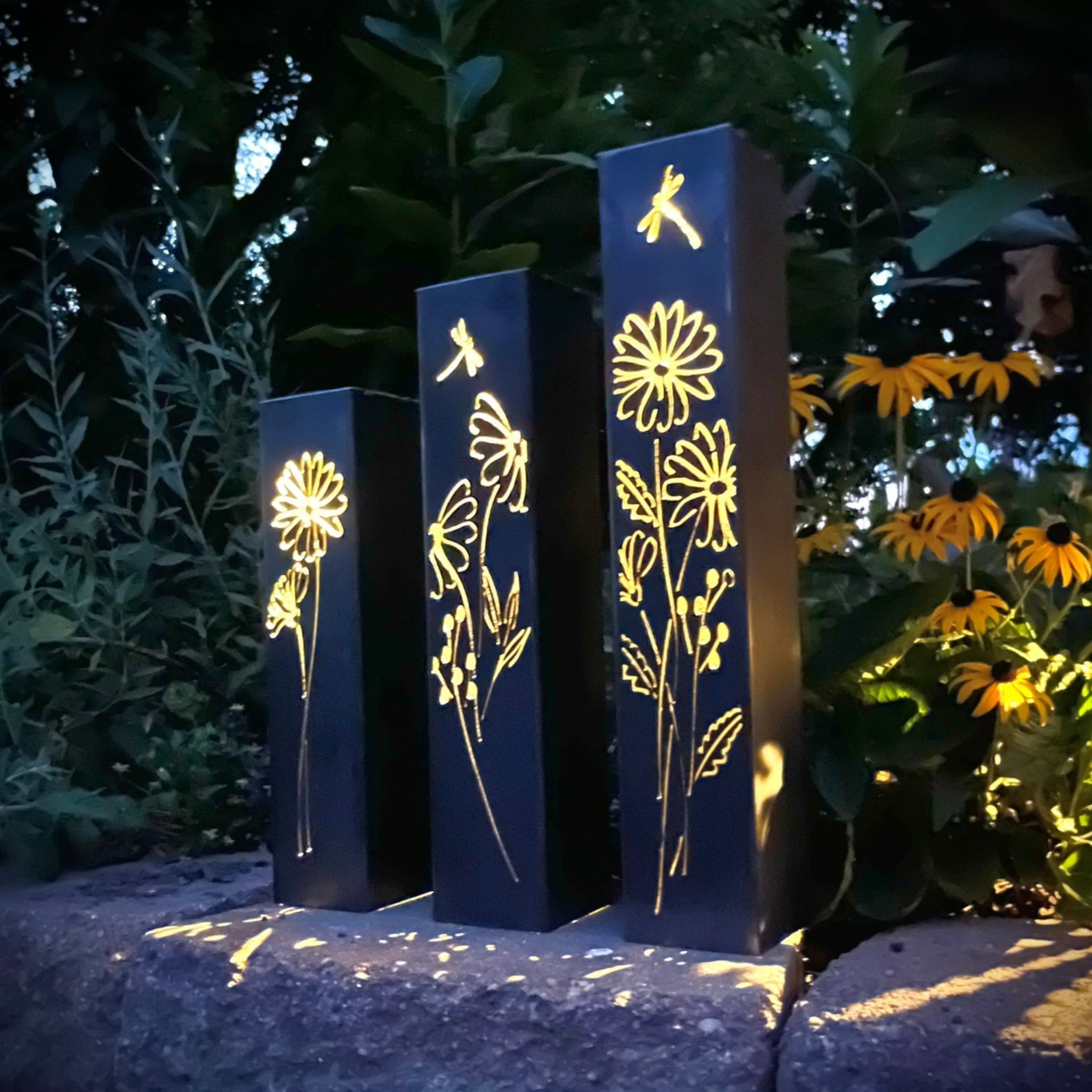Glowing Daisies Luminary Pillar w/ Solar Cap | 12-inch, 14-inch, 16-in ...
